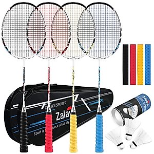 Professional Badminton Rackets Lightweight Badminton Racquets Set, Zalava Badminton Set 4 Pack,Carbon Fiber, 3 Shuttlecocks, 2 Protect Case, 4 Overgrip Included,for Beginners,Advanced Players