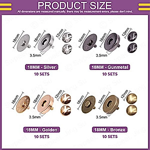 Swpeet 40 Sets 18mm Round Strong Magnetic Button Clasps Snaps, Metal Fastener Clasps Gold Silver Bronze Black DIY Craft Sewing Knitting Buttons Sets for Sewing, Purses, Bags, Clothes, Leather