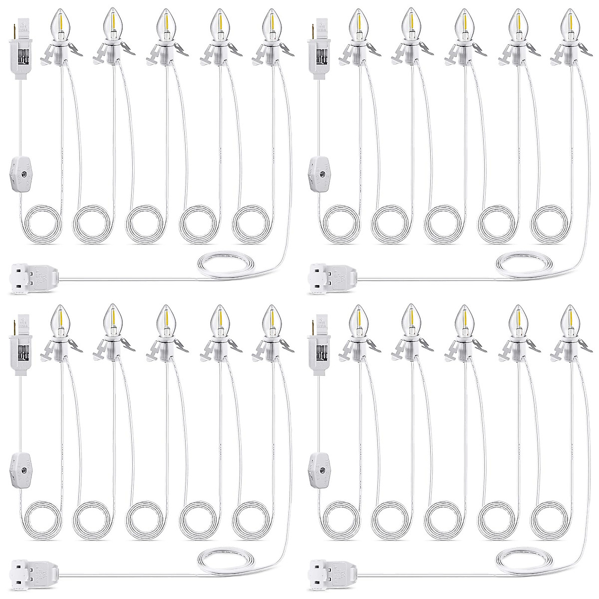 Meonum 4 Pack Christmas Village Light, Light Cord with 5 LED Light Bulb, 12 Ft Accessory Cord with C7 Lamp, Rotary On/Off, Female/Male Plugs, Spare Fuses, C7 Light Cord for Village House Craft Decor