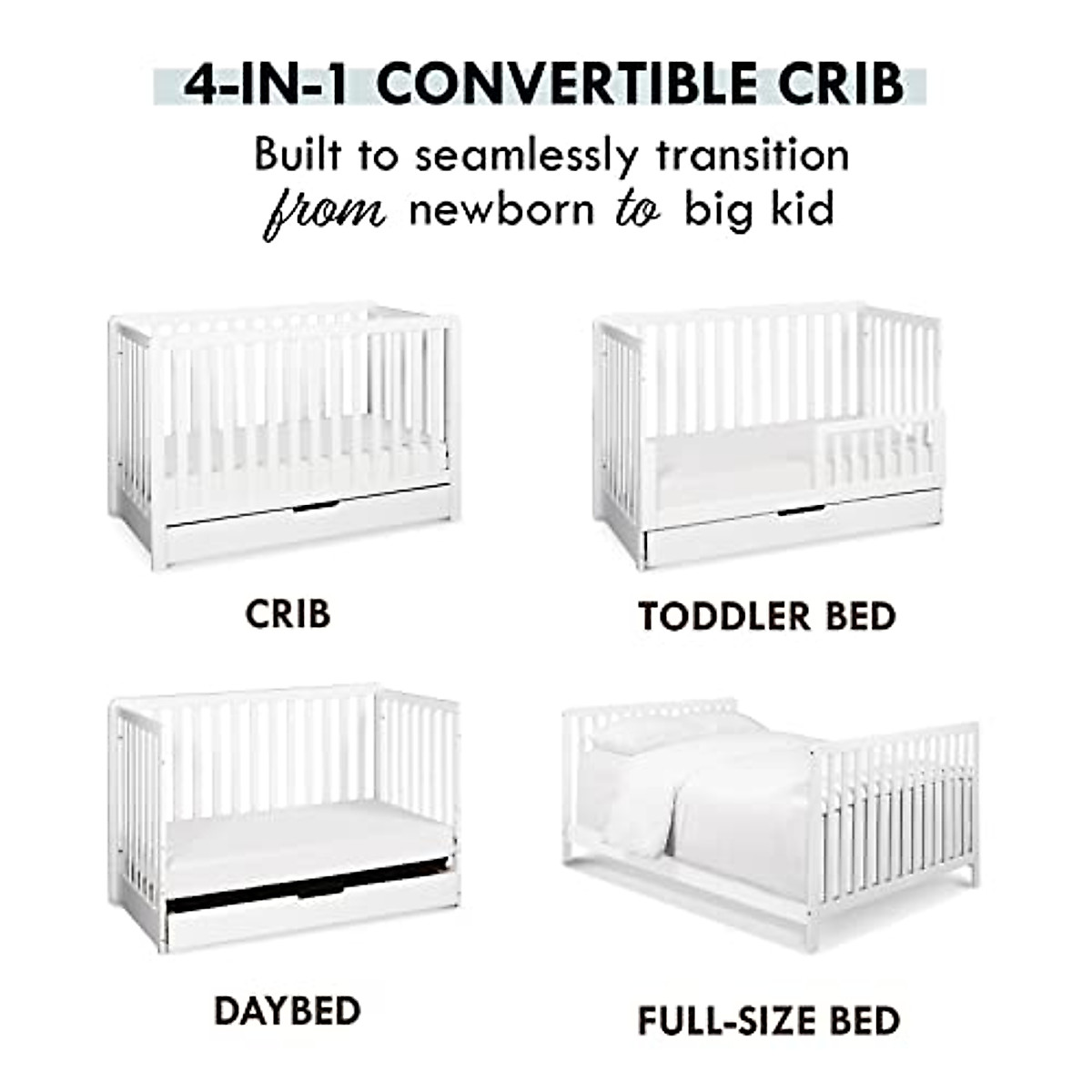 Carter's by DaVinci Colby 4-in-1 Convertible Crib with Trundle Drawer in White, Greenguard Gold Certified, Undercrib Storage