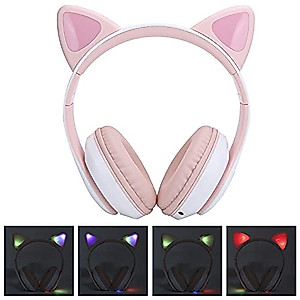 Cat Ear LED Light Cute Headsets, Wireless Bluetooth Gaming Headphones for PS5/ PS4/ PC, Stereo Surround Sound, Volume Control, Switch Songs, Voice Calls, RGB Lighting Gift for Girls (Pink)