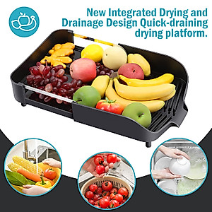 TOOLF Extendable Dish Drying Rack, Dual Part Dish Drying Rack, Adjustable Dish Drainers for Kitchen - Non-Scratch and Movable Cutlery Drainer and Drainage Spout Included, 1 Piece, Black