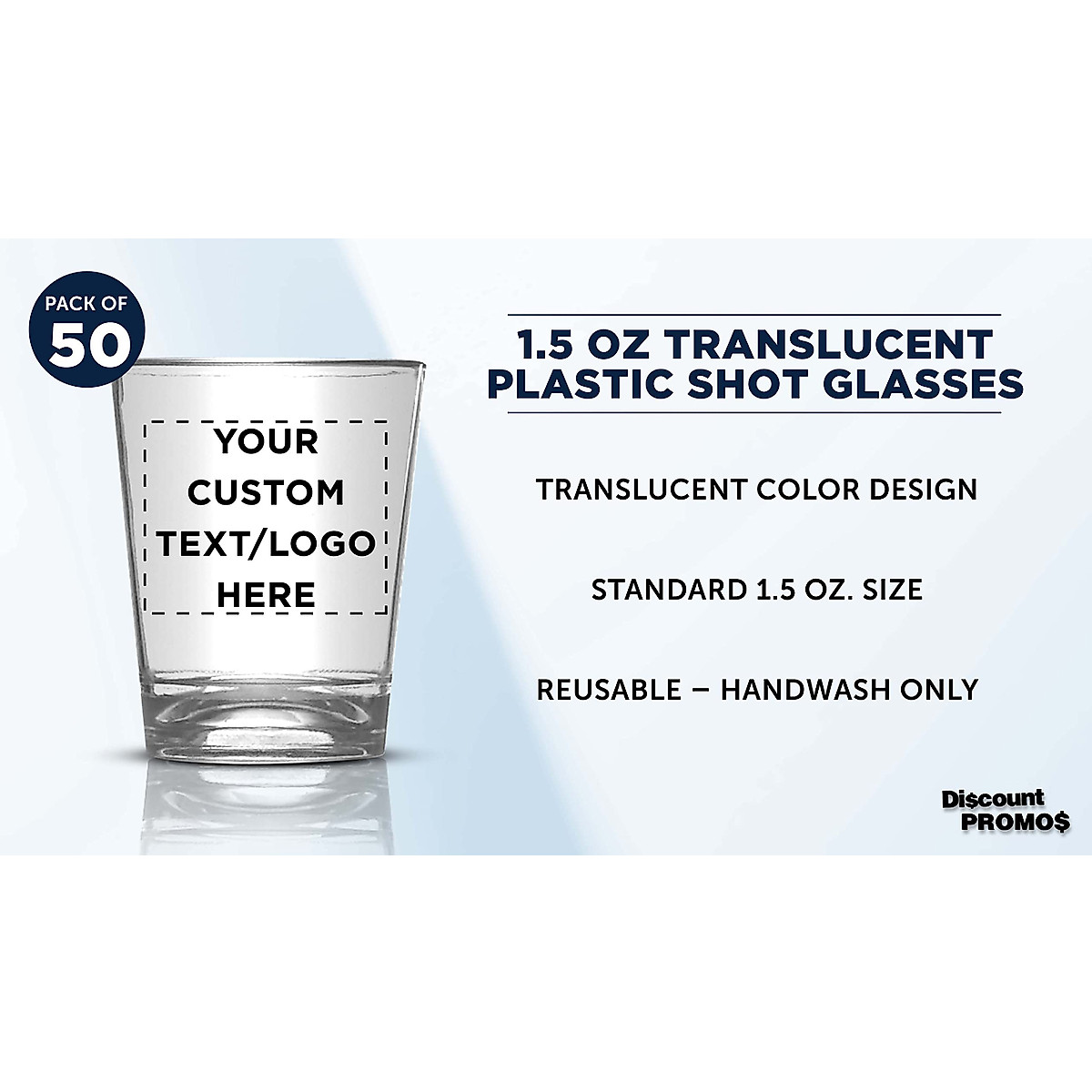 DISCOUNT PROMOS Custom Translucent Plastic Shot Glasses 1.5 oz. Set of 50, Personalized Bulk Pack - Acrylic, Great for Wedding, Party, Birthday, Gifts - Clear