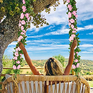 PONKING Artificial Rose Vine Flowers with Green Leaves, 3 Vine 22FT Hanging Fake Flower Garland, Roses Vine for Home Hotel Office Wedding Party Garden Craft Wall Decor, Pink