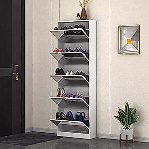 Organizedlife Mirror Shoe Cabinet, Wooden Shoe Organizer with 5 Tier, Full Length Mirror Shoe Rack,Shoe Cabinet for Entryway