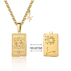 Zodiac Sign Necklace for Women 18K Gold Plated Stainless Steel Chain 20+2 inch Double Sided Constellation Tarot Card Pendant Waterproof Non Tarnish Friendship Jewelry Birthday Gift(Pisces)