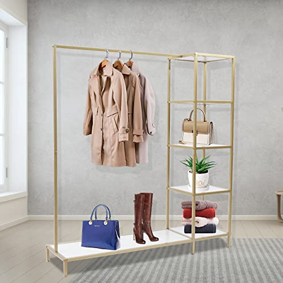 59"x63"Wardrobe Closet System Gold Clothing Rack Cothes Rack Shelf with Wood Shelves, Heavy Duty Metal Garment Rack Floor Standing Commercial Retail Display Hanging Rack for Boutiques, Bedroom