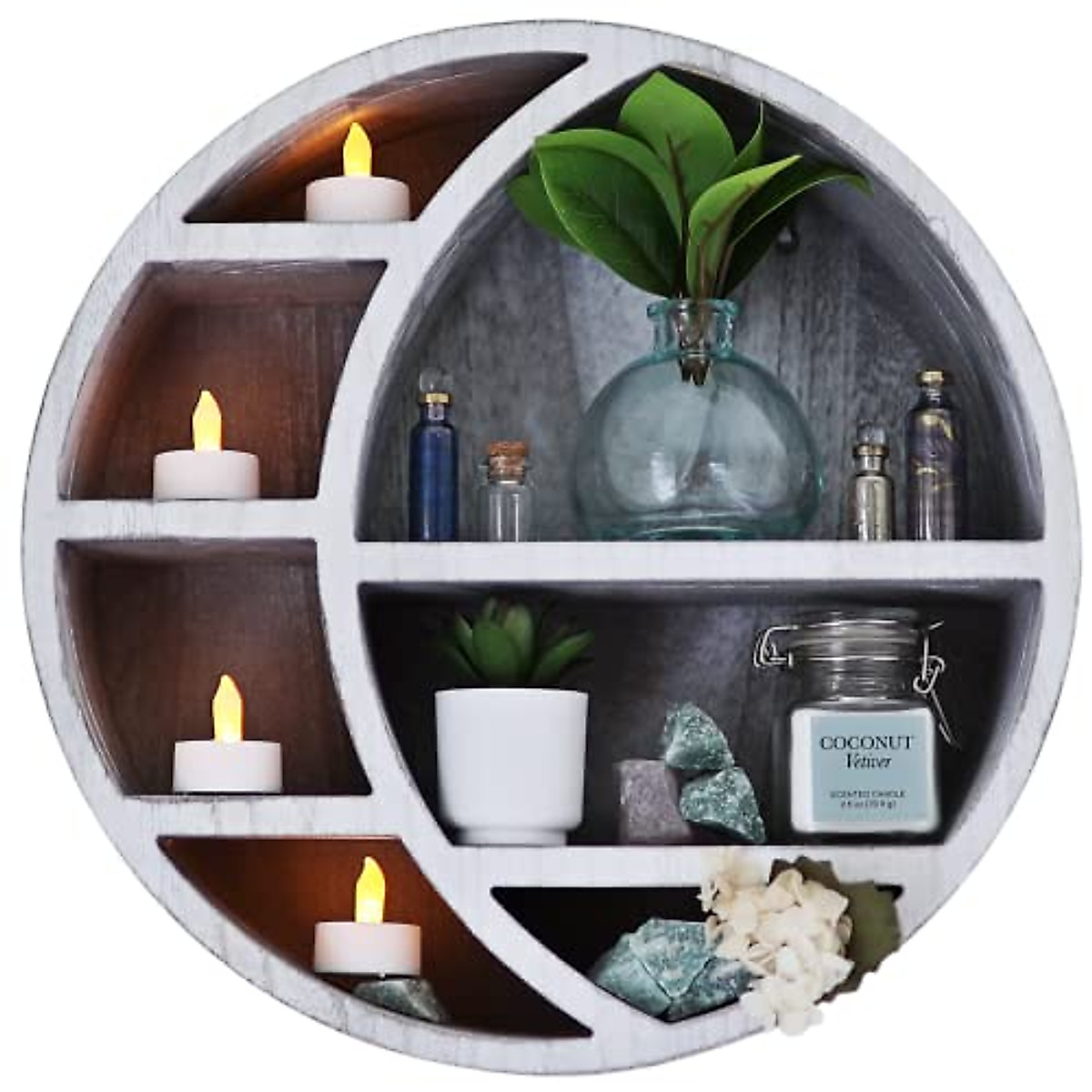 BOUGIE PRODUCTS Moon Shelf Rustic White - Floating Wall-Mounted 14" x 3.5" Wooden Crescent Moon Shelf for Bathroom, Bedroom, Living Room & Kitchen - Display for Crystals, Stones, and Essential Oils