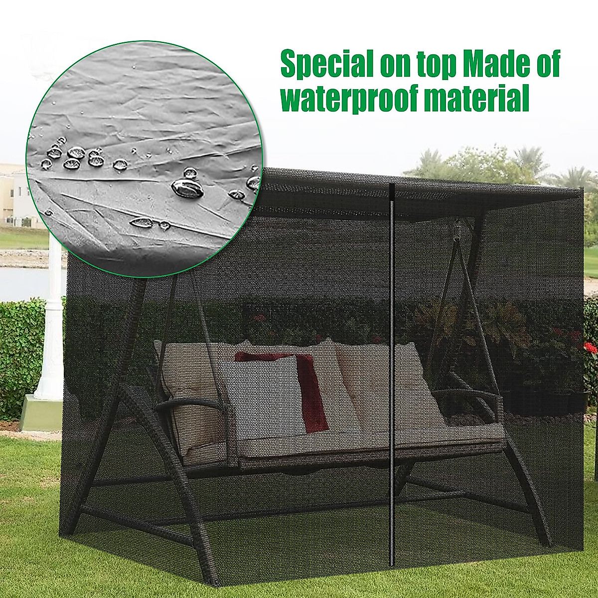 Aepiraza Mosquito Netting for 3 Person Swing, Black Patio Swing Mosquito Netting Outdoor Mesh Screen with Zipper Opening and Roof Waterproof Tent, Outdoor Patio Netting Screen for Porch 2/3 Seater