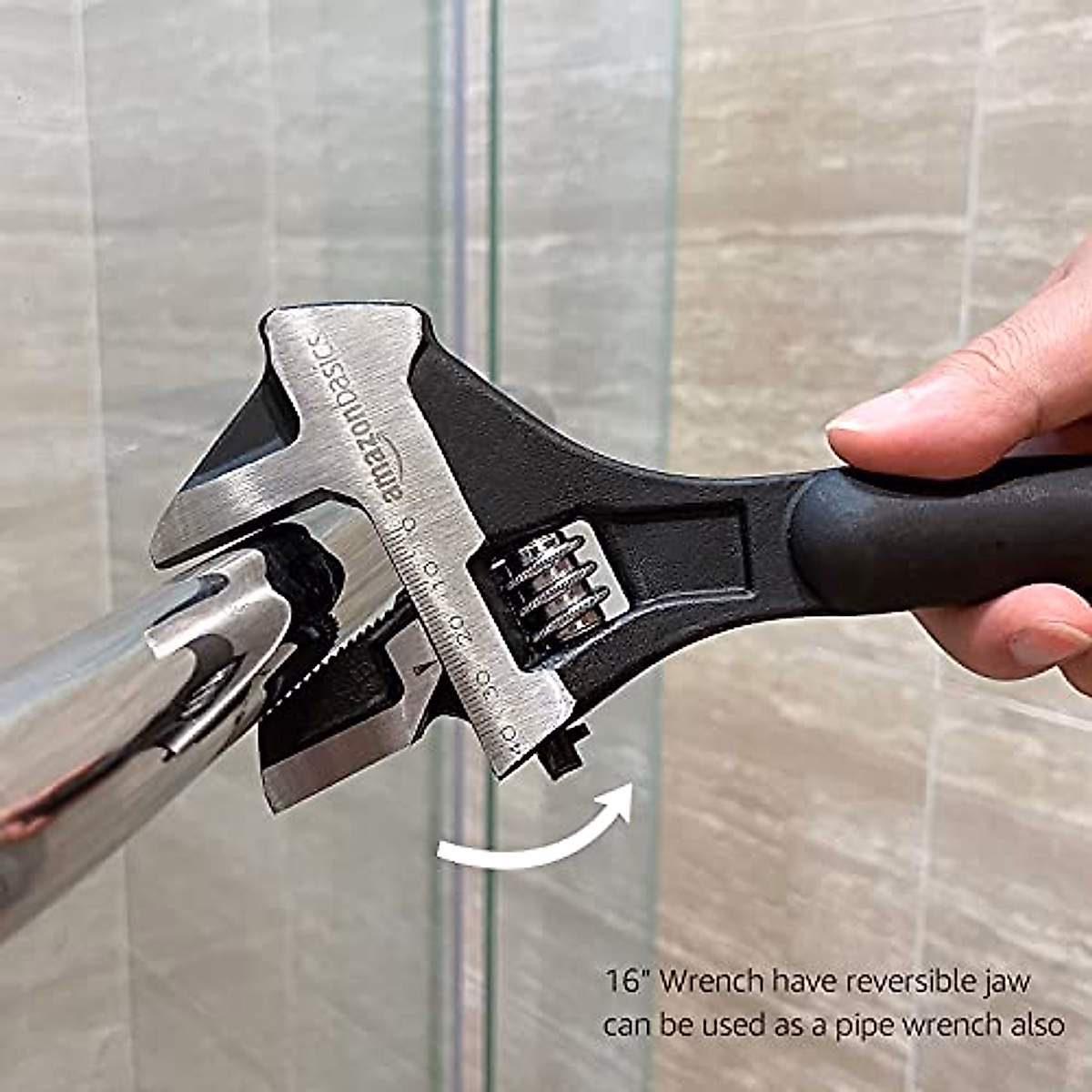 Amazon Basics 2-Piece Heavy Duty Wide Open Adjustable Wrench Set, 12-Inch (300mm) Spud Wrench and 16-Inch (400mm) Reversible Jaw Spud Wrench - Black