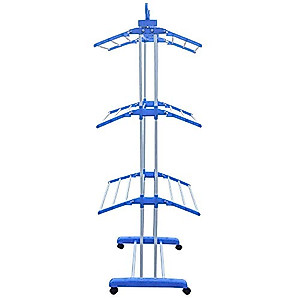 TFCFL 66” 3 Tier Clothes Drying Rack, Upthehill Collapsible Rolling Stainless Laundry Dryer Hanger with Foldable Wings and Casters Collapsible Garment Laundry Rack for Indoor/Outdoor (Blue)
