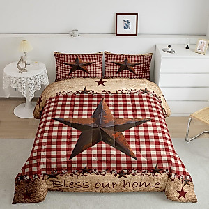 Western Texas Star Comforter Queen, Vintage Brown Bedding Set Red Beige Plaid Farmhouse Comforter Set for Kids Boys Girls Rustic Western Duvet Set 3Pcs