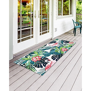 Welcome Mats, Flamingo and Green Leaves Door Mat, Non-Slip Absorbent Large 20x63 Inch Outdoor Indoor Mat Low-Profile Floor Mat Doormat for Entryway/Patio/Garage