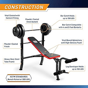 Marcy Pro Standard Weight Bench with 100 lbs Vinyl-Coated Weight Set PM-2084, Flat