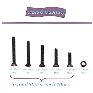 binifiMux 100pcs Flat Phillips Head Black M5 x 20mm/ 25mm/ 30mm/ 35mm/ 40mm Countersunk Machine Screws Hex Nuts Assortment Kit