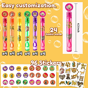 24PCS Cheetah DIY Bubble Wands Party Favors 96PCS Stickers for Goodie Bag Fillers Pinata Stuffers, Mini Bubble Bulk Birthday Party Supplies Toys Gifts Class Prizes for Toddlers Boys Girls