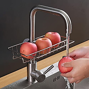 sponge holder for kitchen sink, stainless steel rotatable storage rack, Hanging Faucet Stand, with silicone cleaning brush, suitable for t in kitchen, bathroom,etc. (Faucet Rack with Towel Rack)