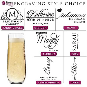The Wedding Party Store Custom Etched Stemless Champagne Flutes - Personalized Monogrammed Bridesmaid Wedding Glasses