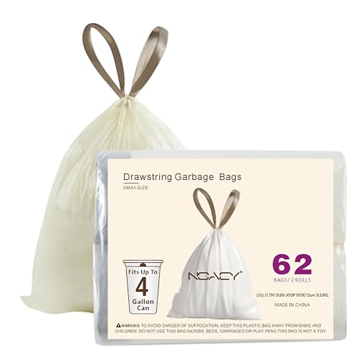 Noacy Small Trash Bags 4 Gallon Drawstring Apply to Kitchen Bathroom Bedroom Trash Can Mini White Garbage Bags, 62 Count