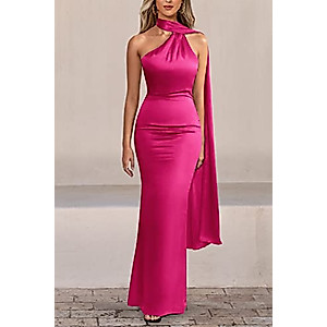 PRETTYGARDEN Women's Maxi Satin Dress Sleeveless Halter Neck Backless Long Formal Evening Cocktail Dresses (Rose Red,X-Large)