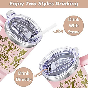 Mindunm 40 oz Cute Cat Tumbler with Handle and Straw Lid cat gifts for cat lovers for Women Double Insulated Cup Travel Coffee Mug