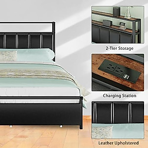 amerlife LED Bed Frame with Drawers, Full Platform Bed Frame with 2-Tier Storage & Leather Upholstered & Charging Station Headboard, No Box Spring Needed, Noise Free, Easy Assembly, Black