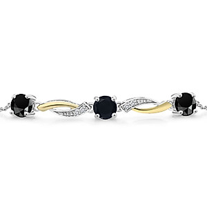 Gem Stone King 2-Tone 925 Sterling Silver and 10K Yellow Gold Black Onyx and White Lab Grown Diamond Tennis Bracelet For Women (1.47 Cttw, Gemstone Birthstone, 7 Inch with 1 Inch Extender)