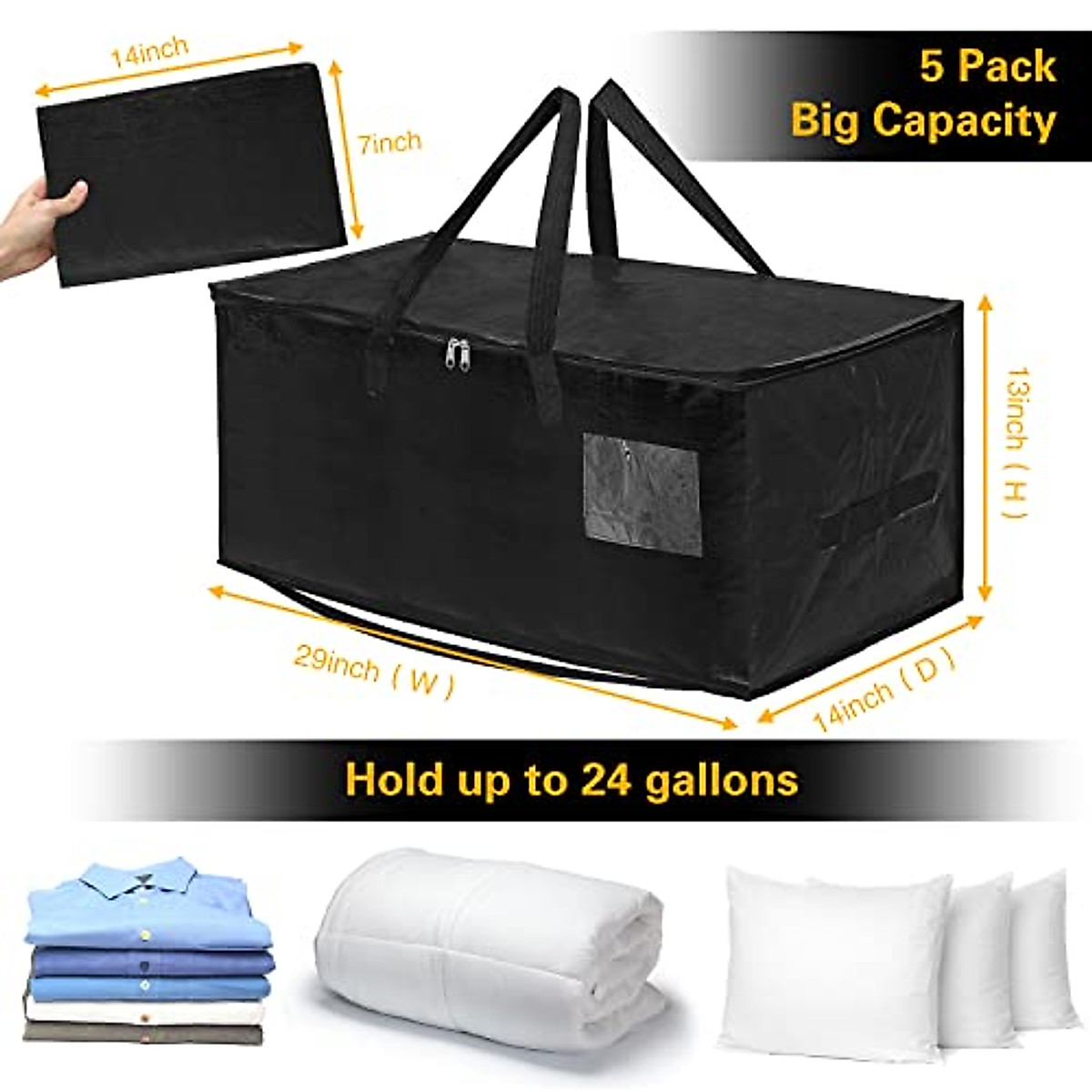 Fixwal Large Moving Storage Bags with Backpack Straps Strong Handles & Zippers, Black Foldable Heavy-Duty Tote for Space Saving, Alternative to Moving Boxes, Plastic Storage Bins (Set of 5)
