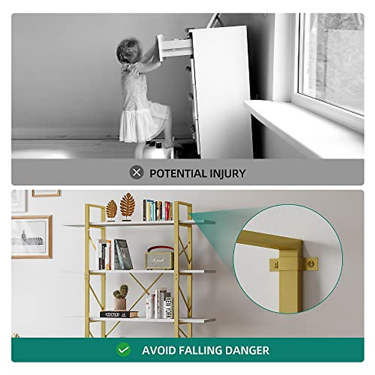 YITAHOME 5-Tier Gold Bookshelf, Artsy Modern Freestanding 5 Shelf Bookcases and Bookshelves, Book Rack, Storage Rack Shelves in in Living Room Home Office, Gold & White