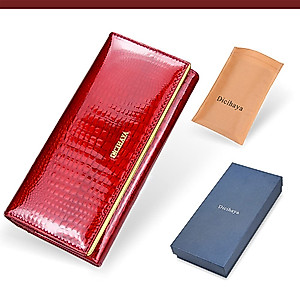 Dicihaya Wallet for Women Genuine Leather Card Holder Large Capacity Phone Checkbook Organizer Buckle Coin Purse (Red)