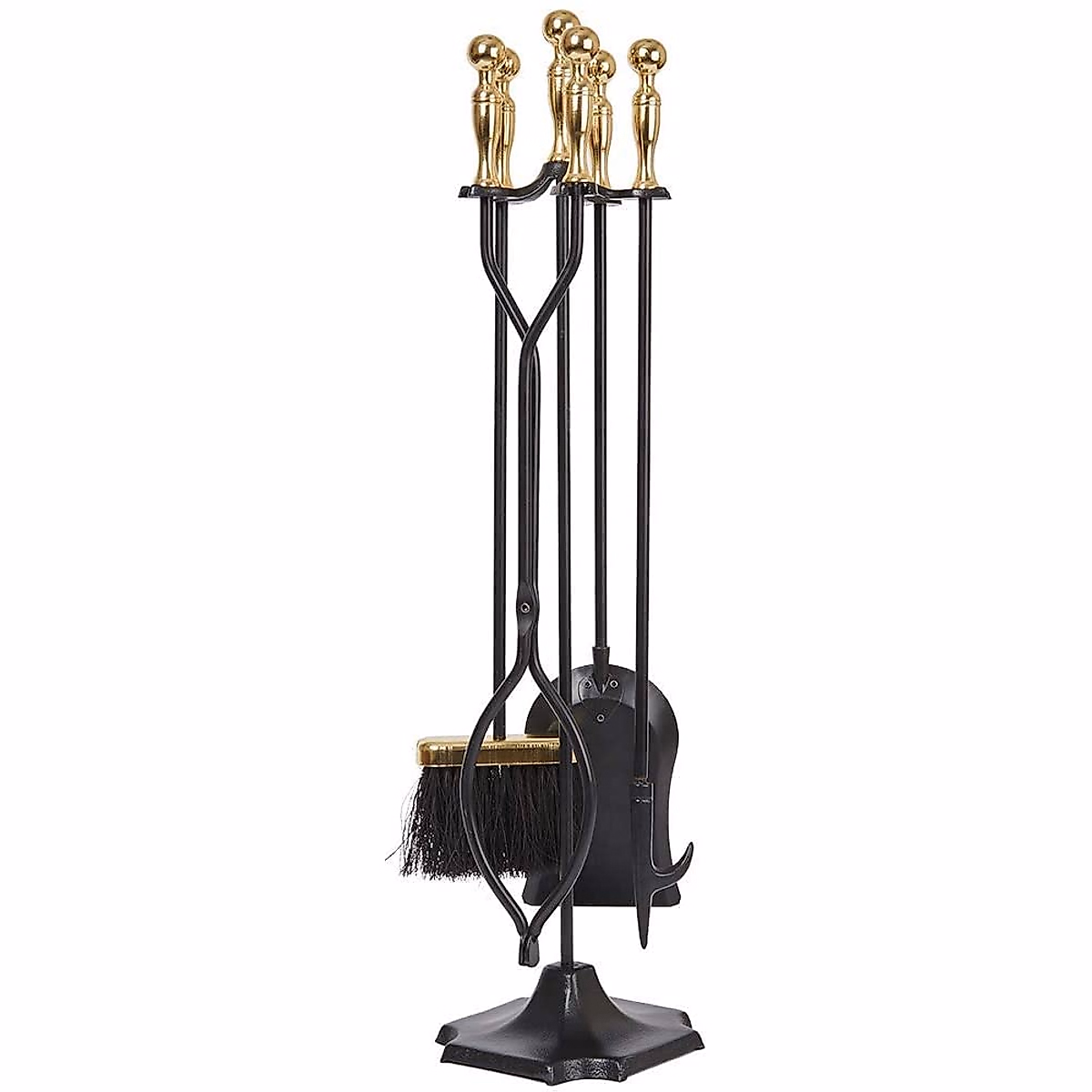 AMAGABELI GARDEN & HOME Fireplace Tools Set 5 Pc Lrg Gold Handle Wrought Iron Fire Set with Stand Holder Fireset Fire Pit Indoor Outdoor Tongs Shovel Antique Brush Poker Wood Stove Hearth Accessories