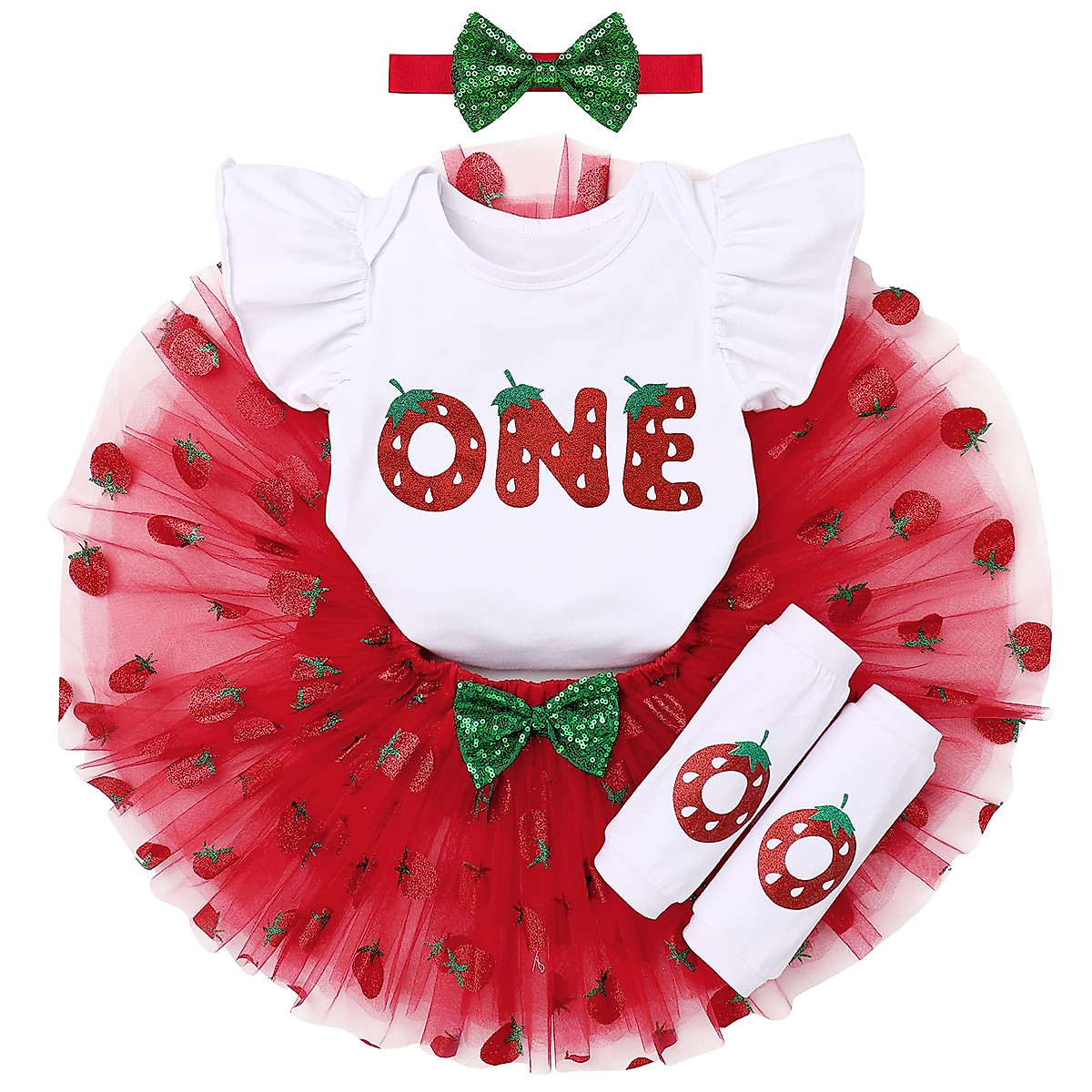ODASDO Baby Girls Strawberry 1st First Birthday Outfit One Year Old Party Cake Smash Set Fly Sleeve Romper Bodysuit Princess Tutu Tulle Skirt Bowknot Headband Leg Warmers Photo Props 4pcs One 1 Year