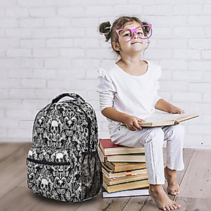 Black Skull Backpack Vintage Floral Casual School Bag Lightweight Zipper Laptop Bookbag Hiking Shoulder Daypack for Women Men