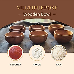 Wooden Small Bowls Pack of 6-100% Natural Food Grade Acacia Wooden Serving Bowls for Condiments, Dip Sauce, Ketchup, Soup, Jam, Rice, Coffee, Tea and Olive