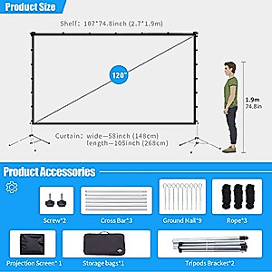 Projector Screen and Stand WUSHENG 120 Inch Outdoor Movie Screen Portable Large Projector Screen Pull Down with Carry Bag Wrinkle-Free 4K HD Projection Screen for Backyard Home Theater Cinema