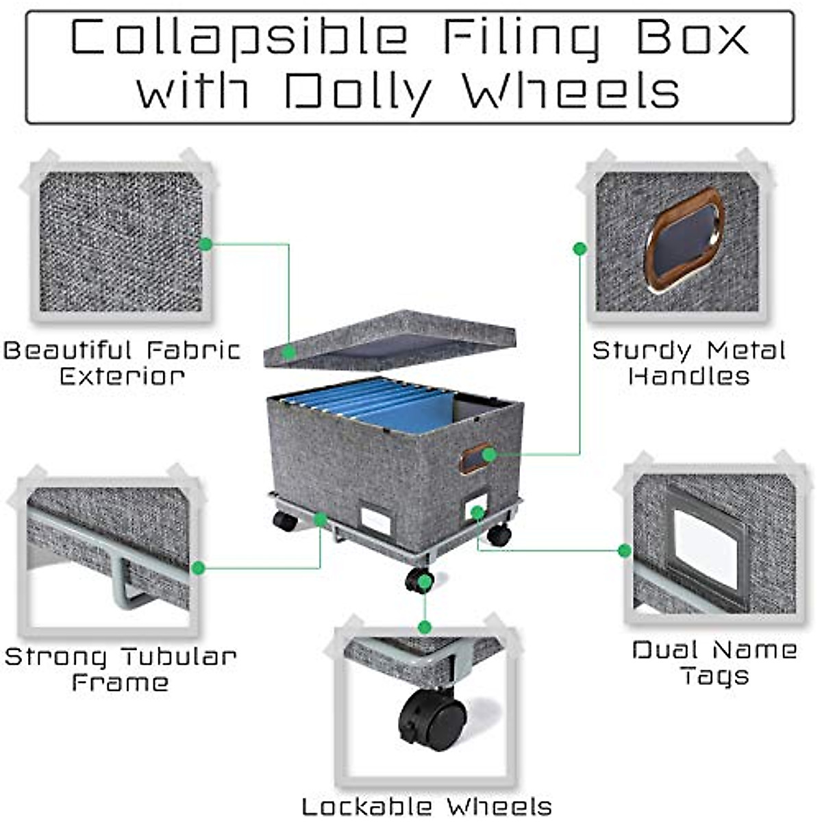 Premium Collapsible File Storage Organizer With Dolly Wheels | Office Hanging File Box | Smooth Sliding Rail | Fits Letter/Legal | Charcoal | 1 Pack