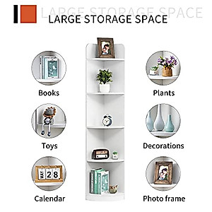 5-Tier Corner Bookshelf - 63" Tall Modern Free-Standing Corner Bookcase - Durable Wood Corner Cabinet and Plant Shelf in Clean White for Living Rooms, Bedrooms, Kitchens, and Offices-White