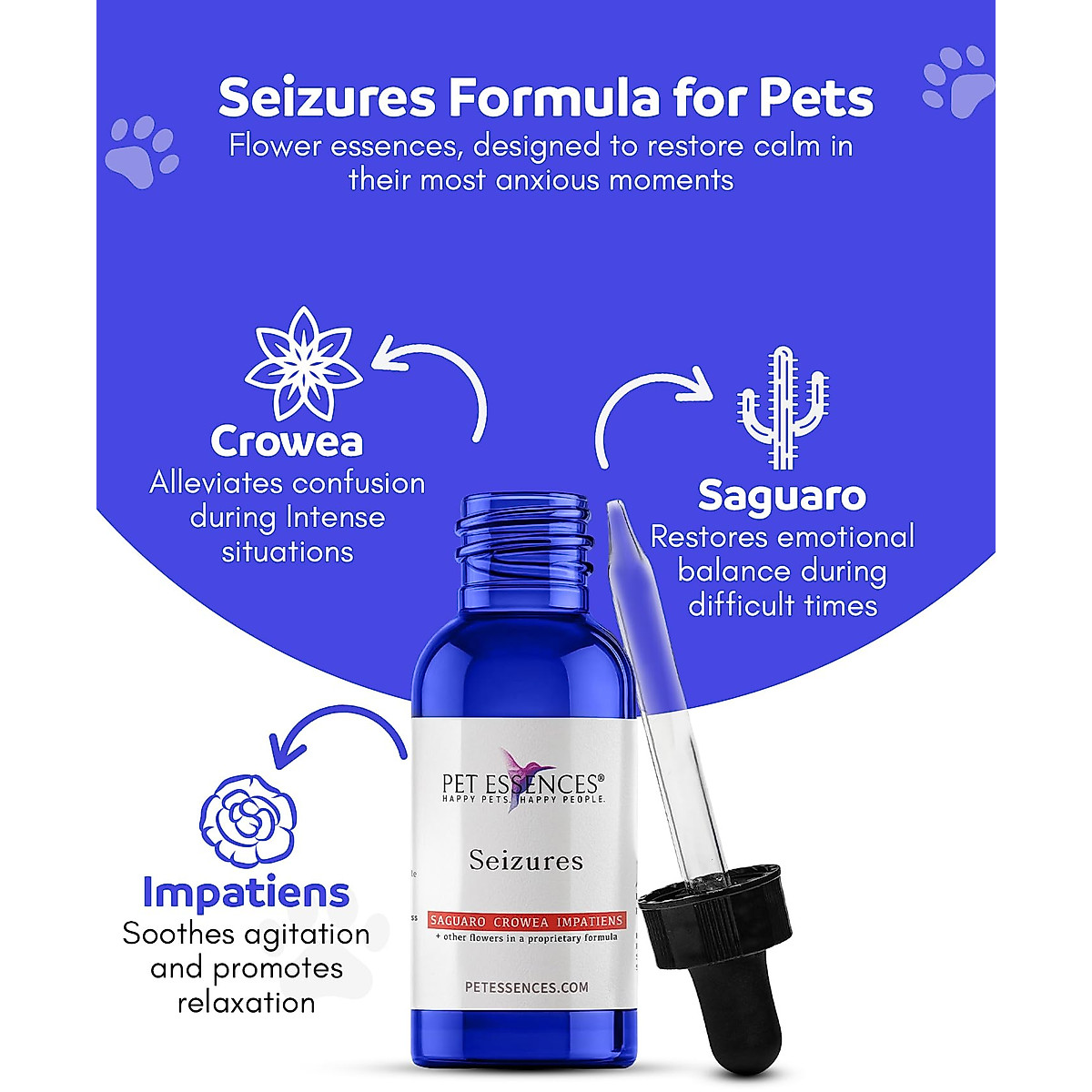 Pet Essences - Seizures Formula for Dogs, Cats, and Horses - 1oz, Safe & Natural Dog Calming Drops, Pet Seizure Support for All Species, Breeds & Ages - Featuring Organic Crowea, Impatiens & Saguaro