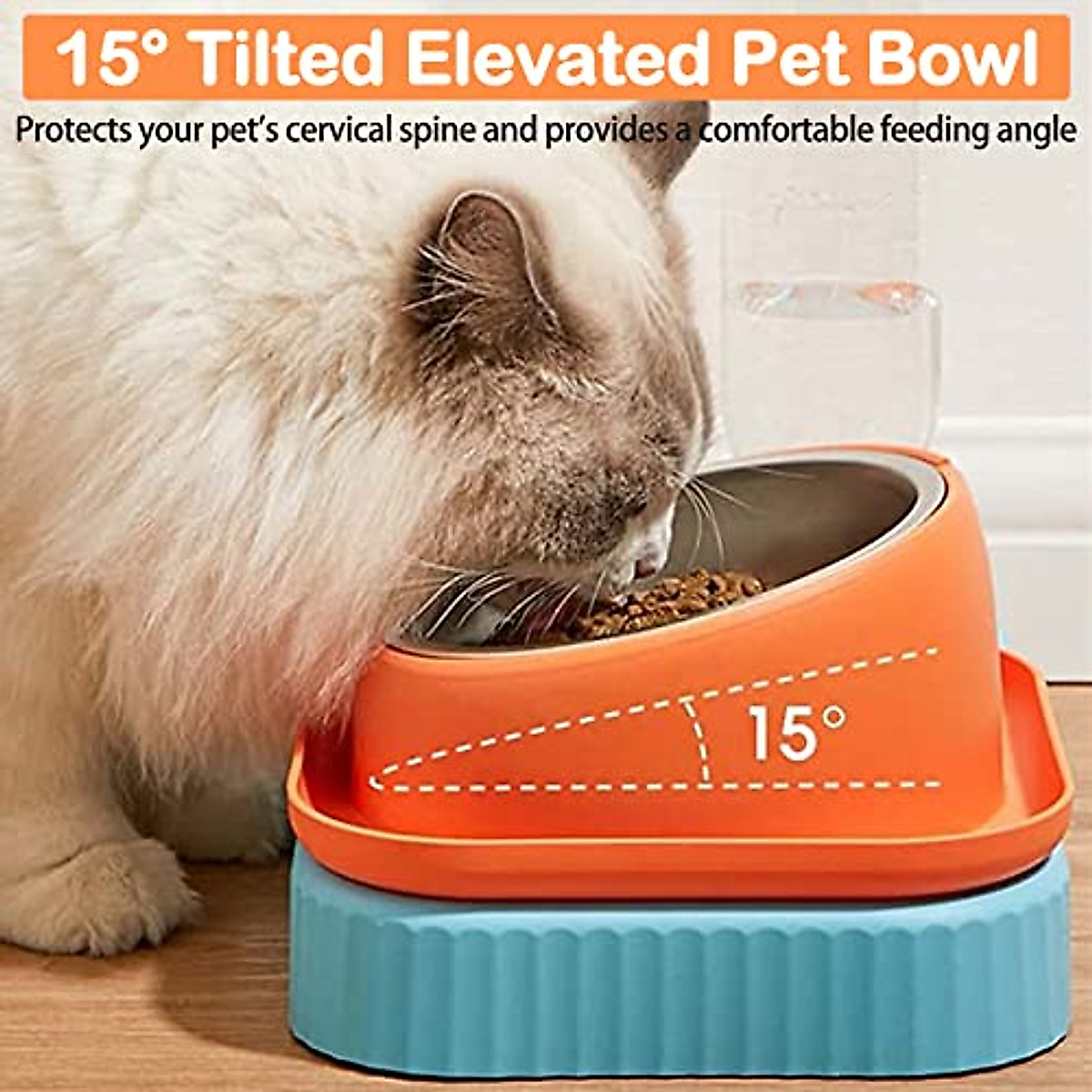 BNOSDM Triple Pet Bowl Cat Slow Feeder with Gravity Water Bottle Set, Detachable Stainless Steel Tilted Raised No Spill Dog Bowls for Cat Kitten Puppy