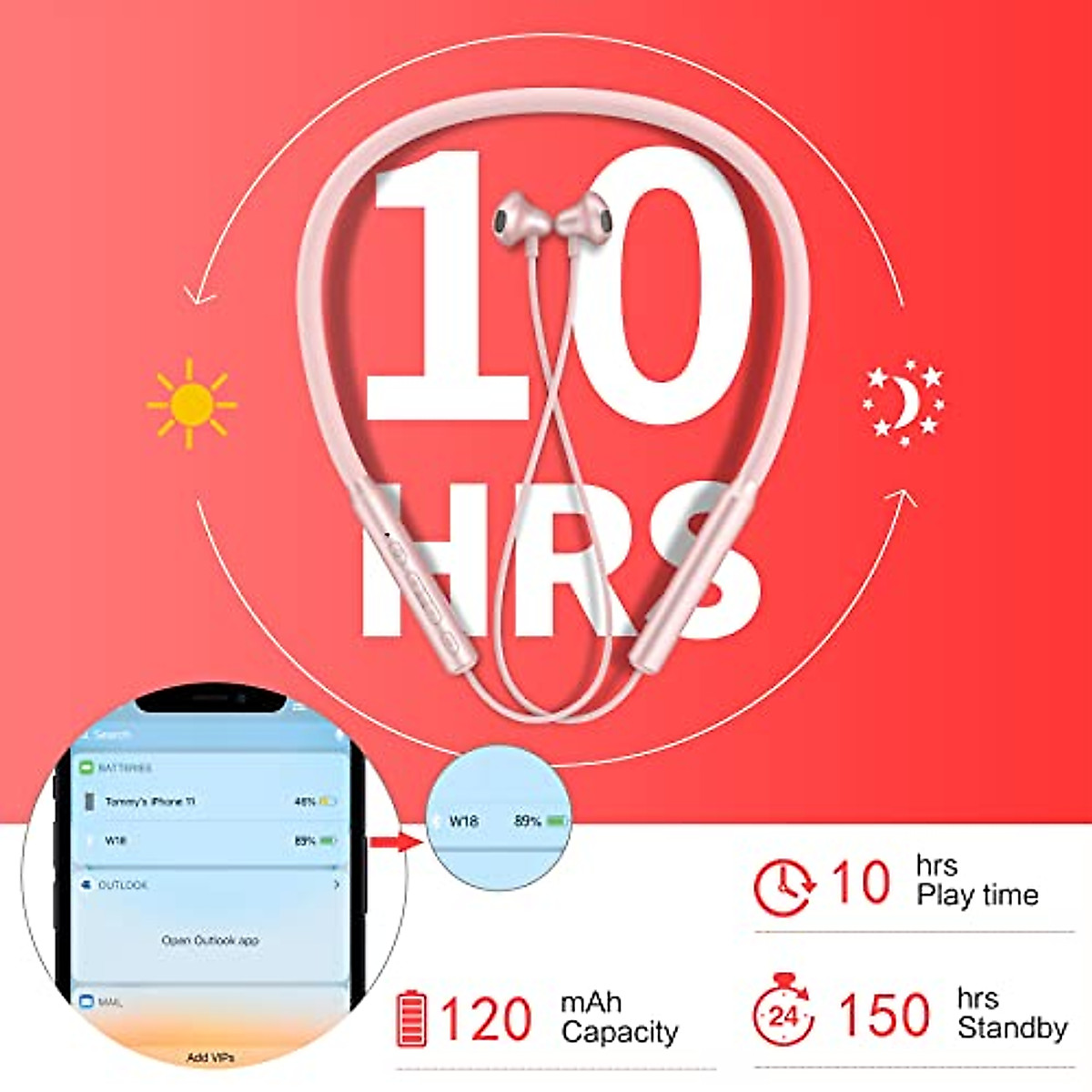 OINMELY Bluetooth Neckband Headphones V5.0 Cordless Earphones Sport Earbuds w/Mic 10Hrs Playtime Noise-Canceling Wireless Headset for Gym Running Compatible with iOS Samsung Android (Rose Gold)