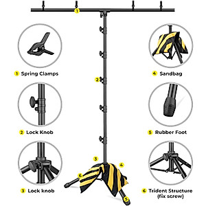 Aureday 8x5FT T-Shape Backdrop Stand, Adjustable Backdrop Stand Kit with Horizontal Pole, 4 Spring Clamps, Sandbag, and Black Carrying Bag for Parties/Wedding/Photography/Decoration