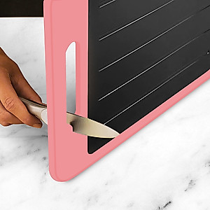 4-in-1 Defrosting Tray for Frozen Meat with Cutting Board, Knife Sharpener & Garlic Grater - Self Thawing Tray & Non-Slip Pink Chopping Boards by EliKai