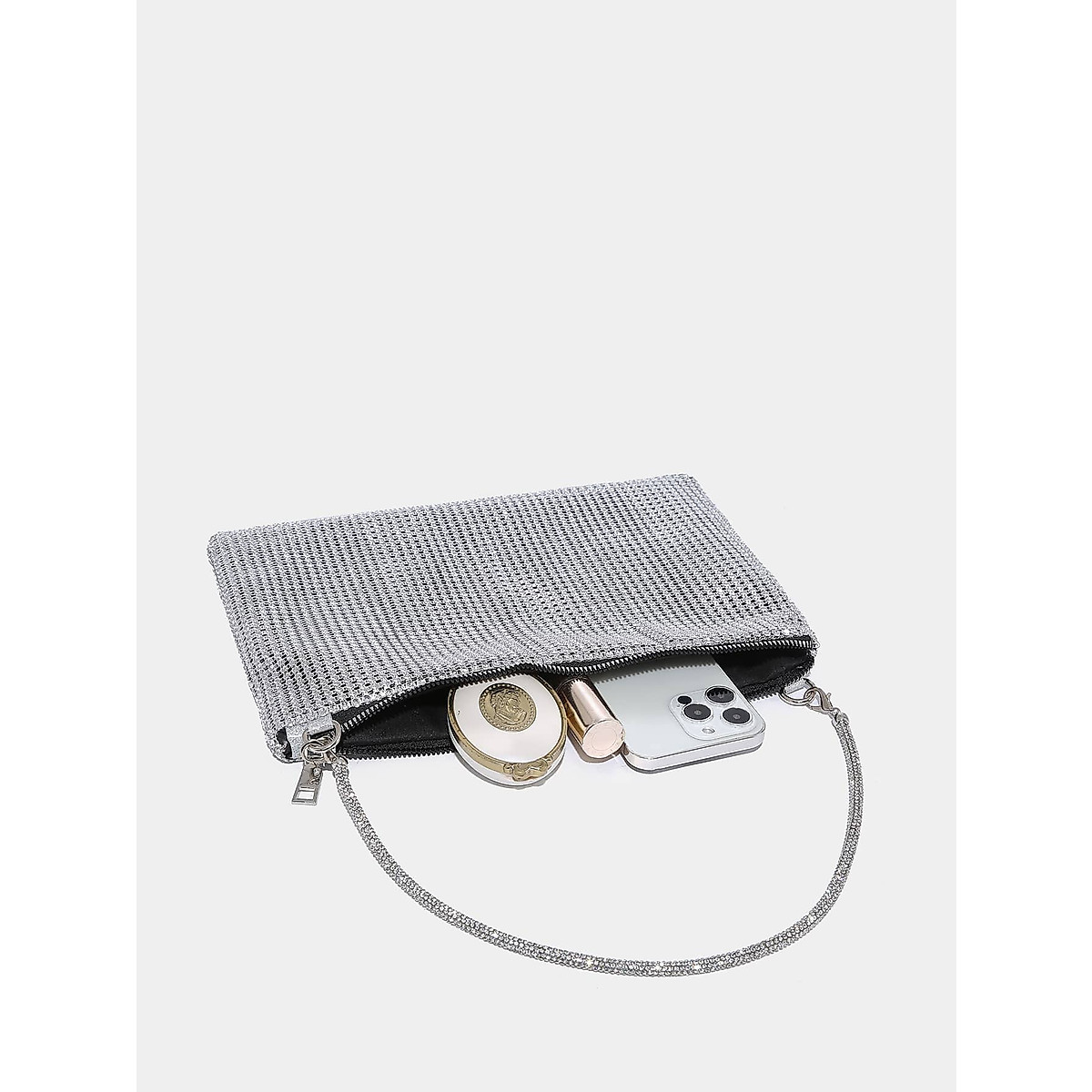 Verdusa Women's Shiny Rhinestone Evening Handbag Hobo Bag Clutch Purse Silver one-size