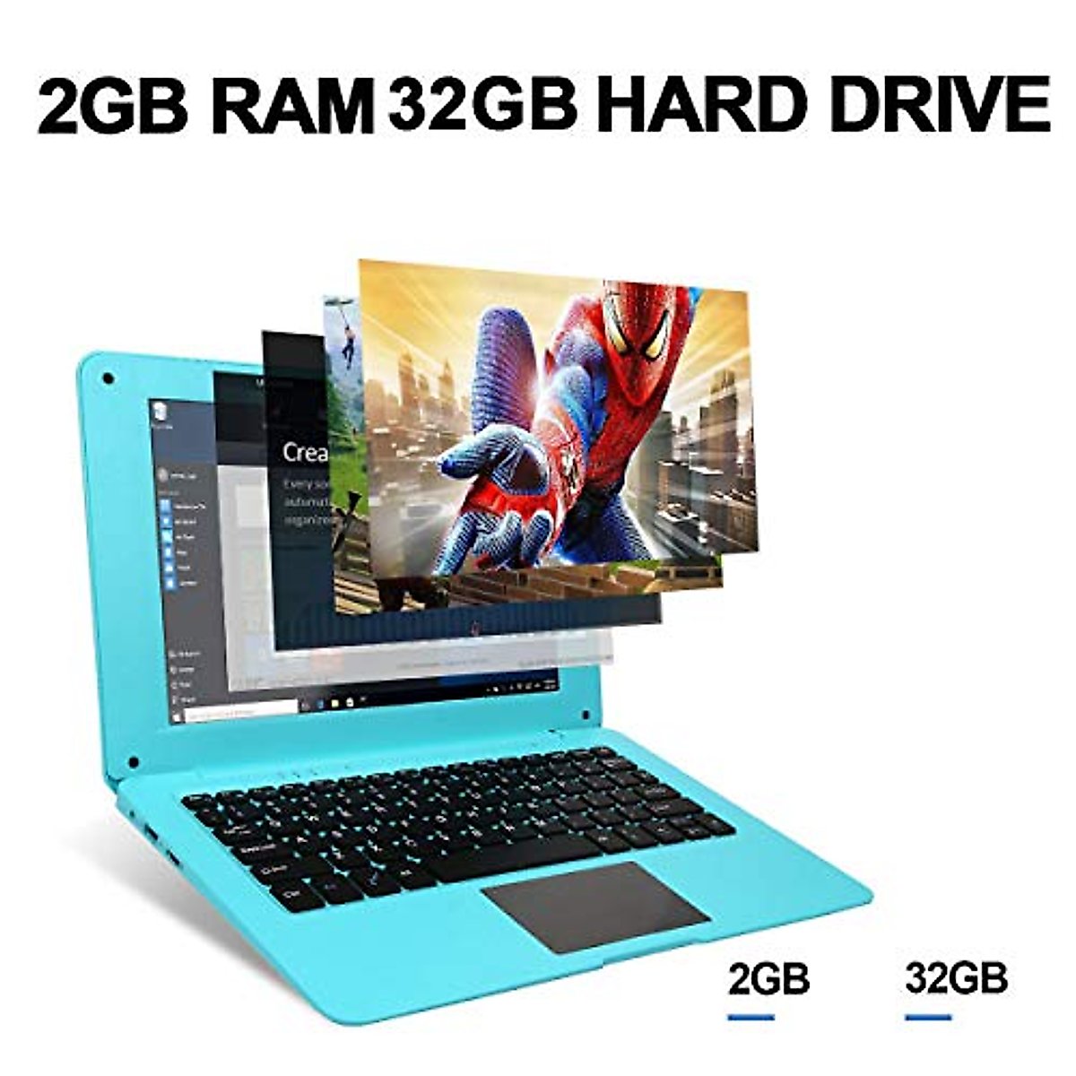 Tocosy Laptop 10.1Inch Quad Core Windows 10 HD Graphics Ultra Thin Computer PC, 2GB RAM 32GB Storage 1.92GHZ USB 2.0 WiFi Bluetooth HDMI IPS Display Notebook (Blue)