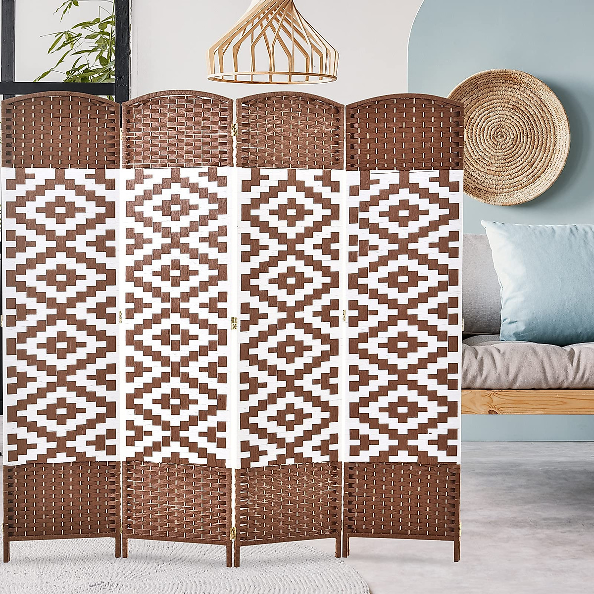 HOMCOM 6ft 4-Panel Diamond Weave Folding Room Divider with Freestanding Folding Screen & Stylish Wicker Material