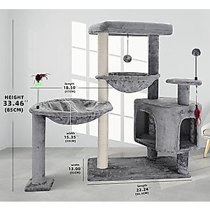 YOUPET 33.46" Height Cat Tree with Cat Condo Big Hammock and Two Replacement Spring Balls,Grey …