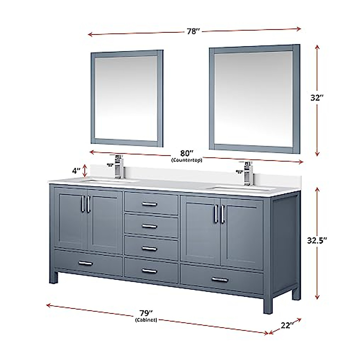 Bell+Modern Big Sur 80 in. W x 22 in. D Dark Grey Double Bath Vanity and White Quartz Top