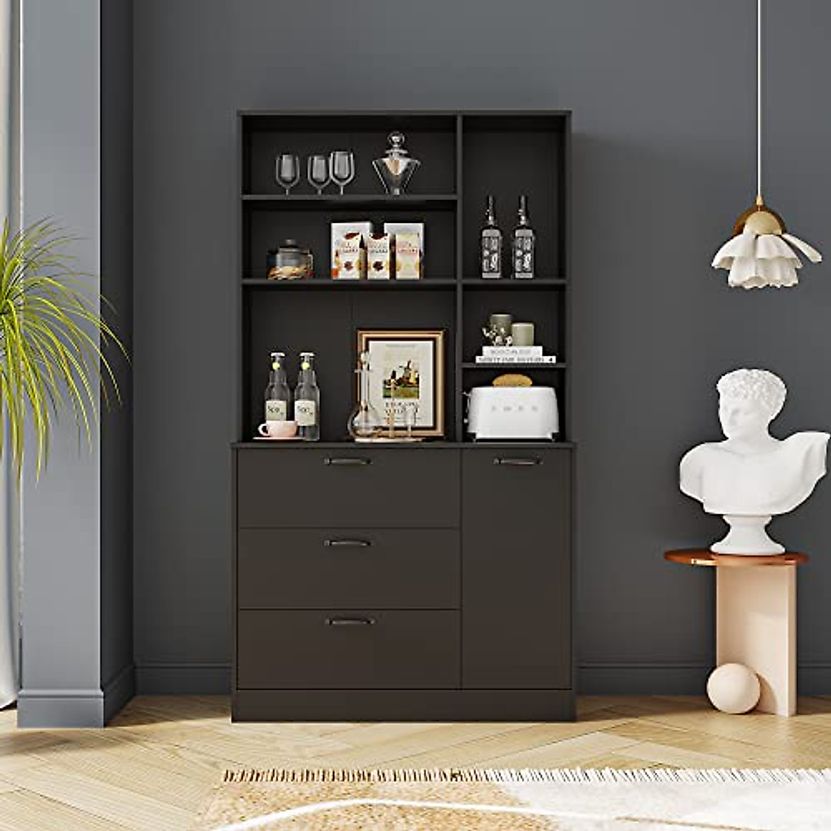 Bellemave Pantry Storage Cabinet with Drawers & Open Shelves Freestanding Kitchen Cupboard Buffet Cabinet Tall Utility Storage Cabinet for Kitchen Living Room Bathroom Home Office, Black