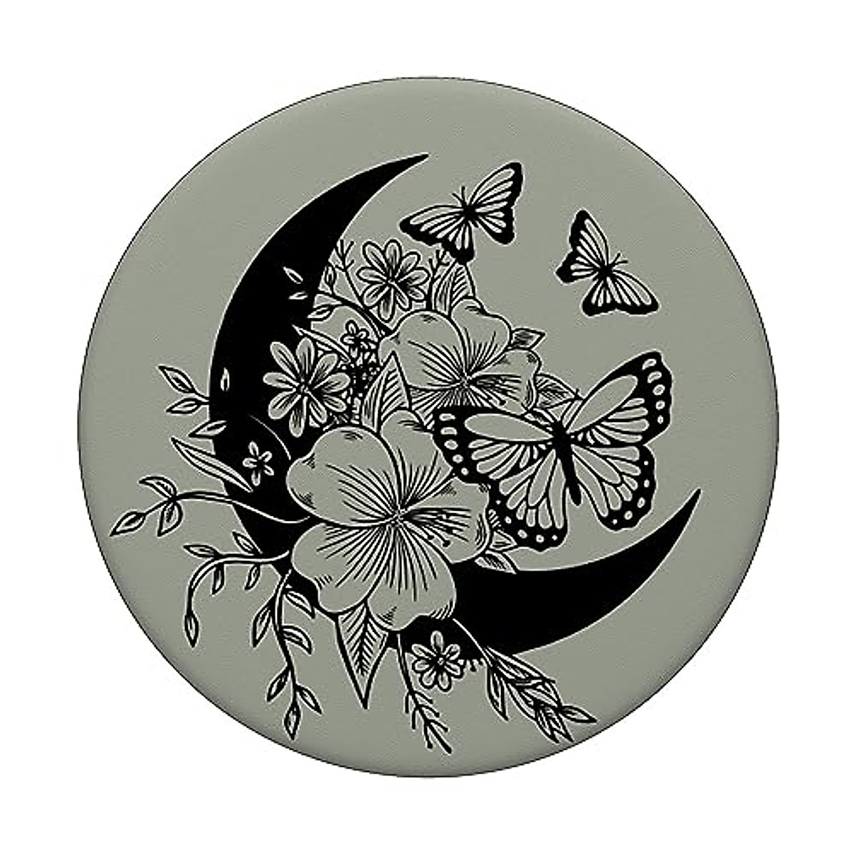 Sage Grey Black Butterfly Crescent Moon Flower PopSockets Swappable PopGrip