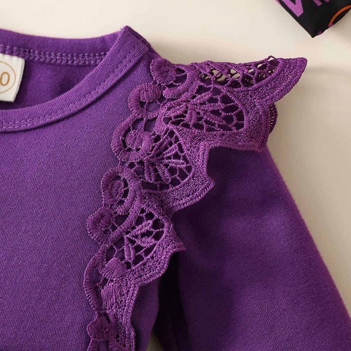 Guodeunh Newborn Baby Girl Halloween Outfits Ruffle Pumpkin Romper Tunic Drees Long Sleeve Skirt Set+Headband Fall Winter Clothes（Purple- Black,12-18 Months）